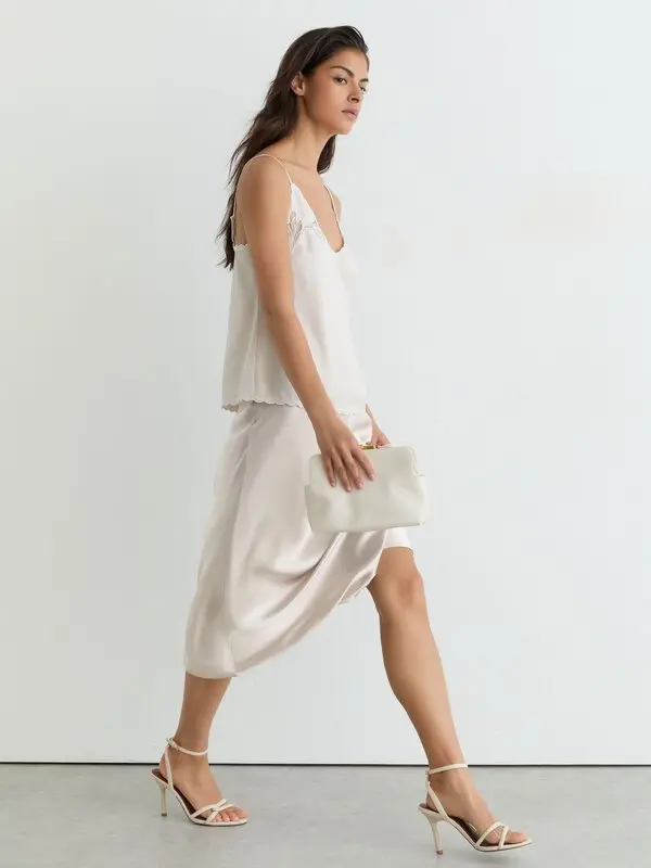 REISS Sofia Silk Slip Midi Skirt - Silver