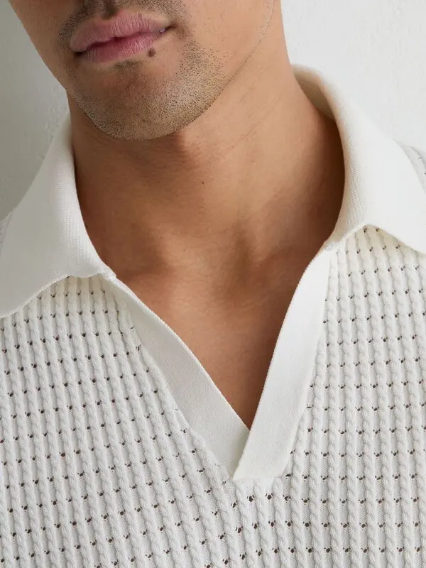 REISS Merit Micro-cable Knit Open-collar Polo