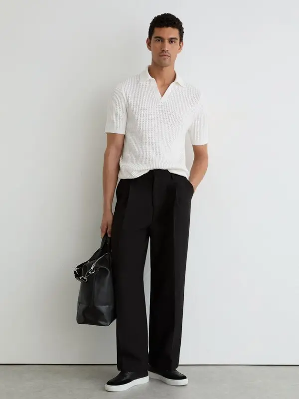 REISS Merit Micro-cable Knit Open-collar Polo