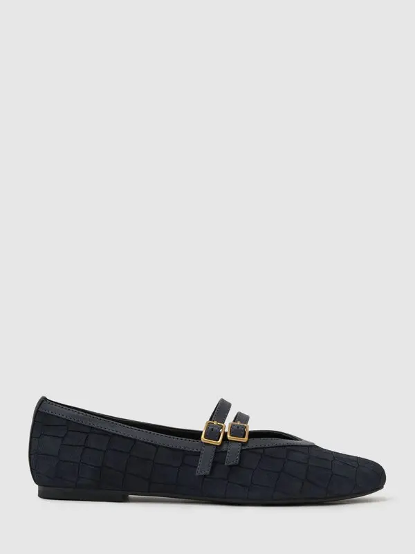 REISS Eliza Suede Croc-embossed Ballet Flats With Buckled Straps - Navy