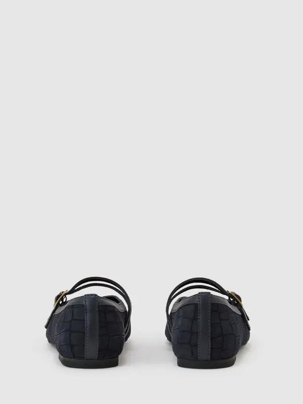 REISS Eliza Suede Croc-embossed Ballet Flats With Buckled Straps - Navy