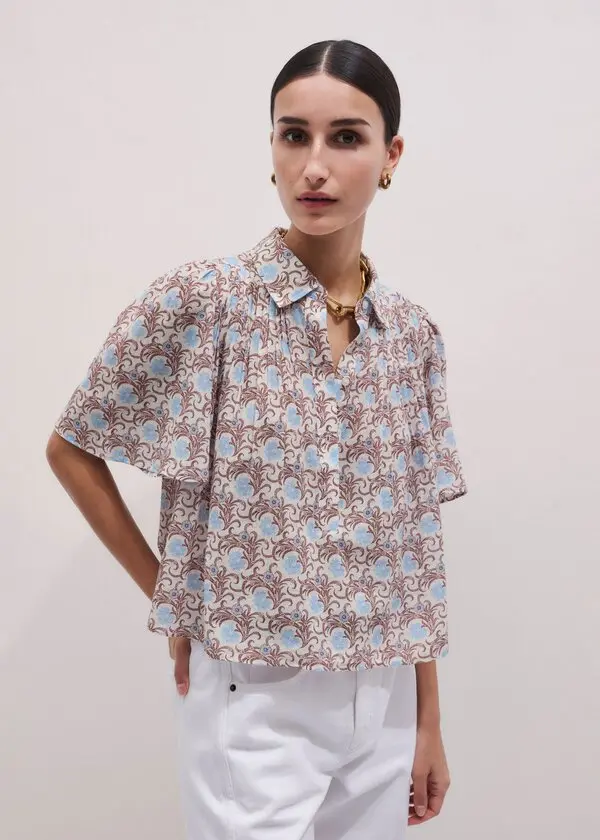 ME+EM Floral Print Pintucked Cotton Blouse
