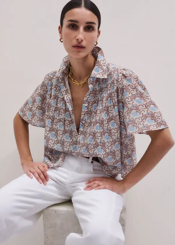 ME+EM Floral Print Pintucked Cotton Blouse