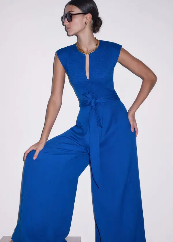 ME+EM Smocked Bodice Wide Leg Jumpsuit With Belt - Intense Blue