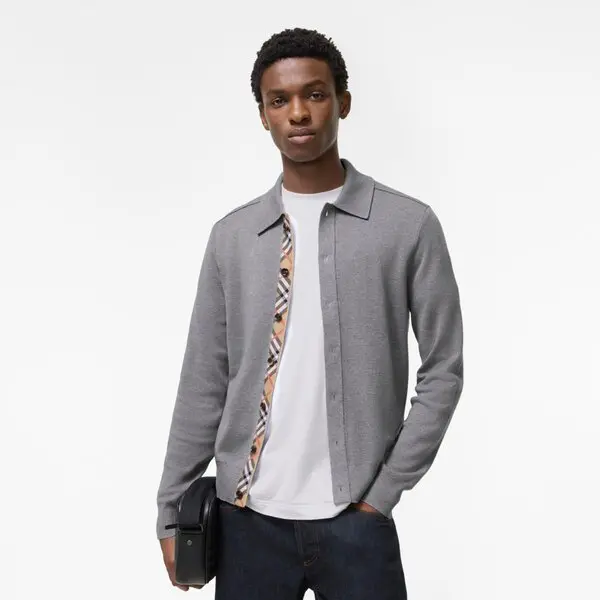 Burberry Check Trim Wool Cardigan - Grey