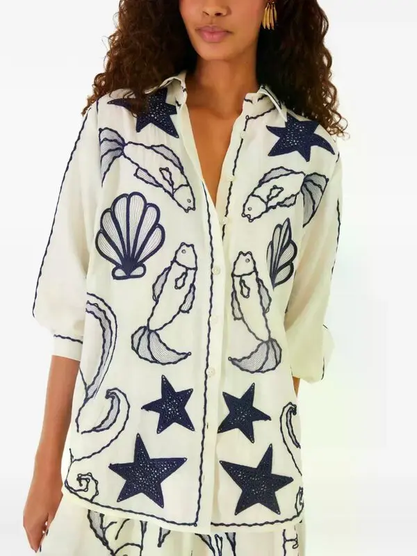 Farm Rio Embroidered Linen Shirt - White