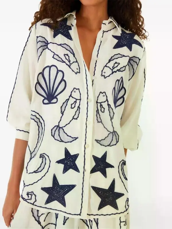 Farm Rio Embroidered Linen Shirt - White