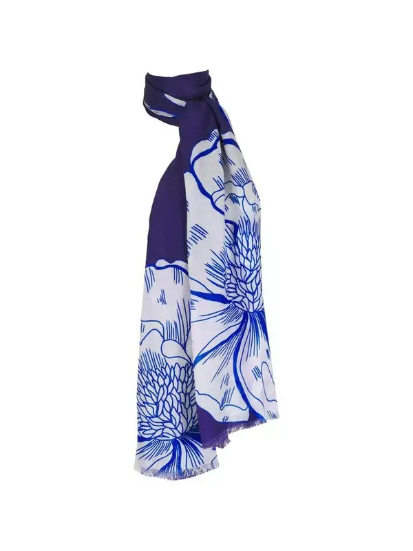 Kinross Cashmere Floral-print Fringed Scarf - Blue