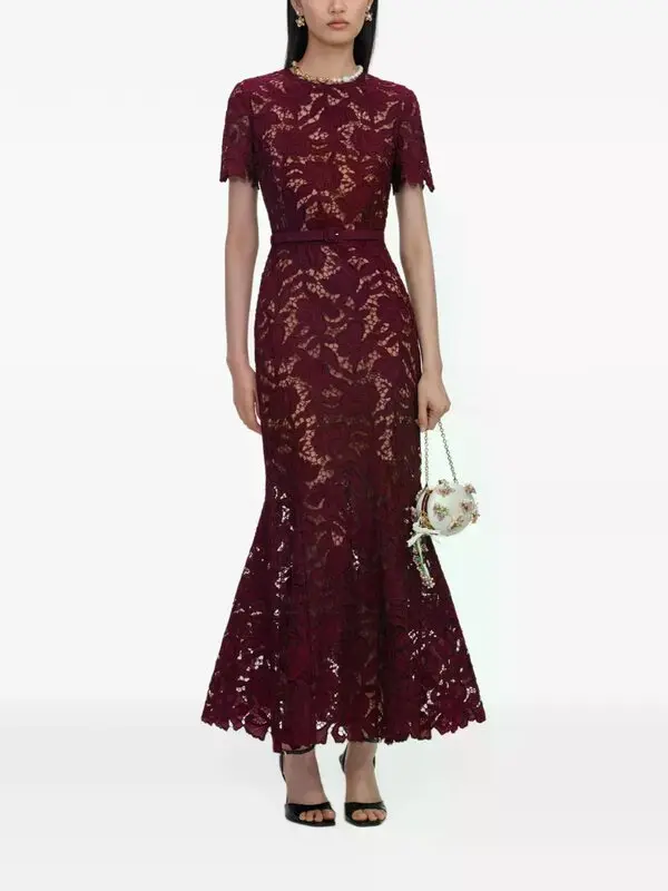 SELF-PORTRAIT Burgundy Lace Midi Dress - Red