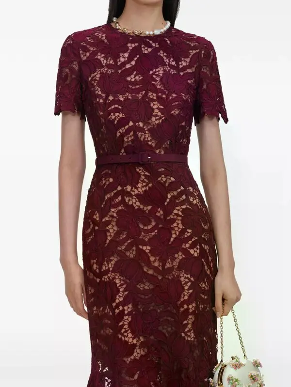 SELF-PORTRAIT Burgundy Lace Midi Dress - Red