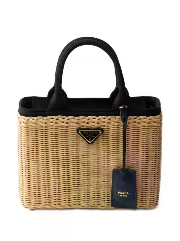 Prada Medium Wicker And Canvas Tote Bag - Neutrals