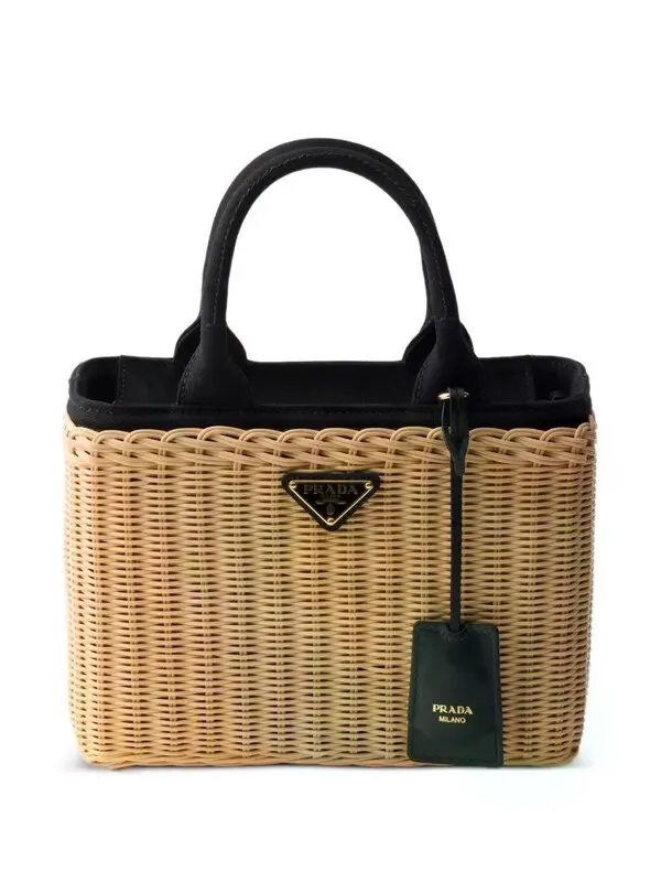 Prada Medium Wicker And Canvas Tote Bag - Neutrals
