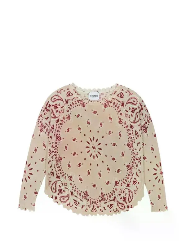 KUJTEN Mela Bandana Bico Paisley-print Frayed-edge Sweater - Neutrals