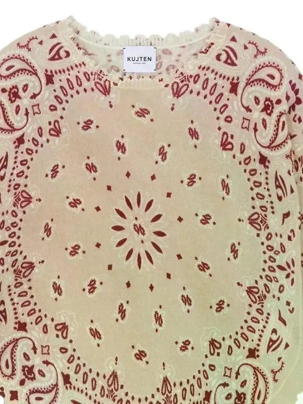 KUJTEN Mela Bandana Bico Paisley-print Frayed-edge Sweater - Neutrals