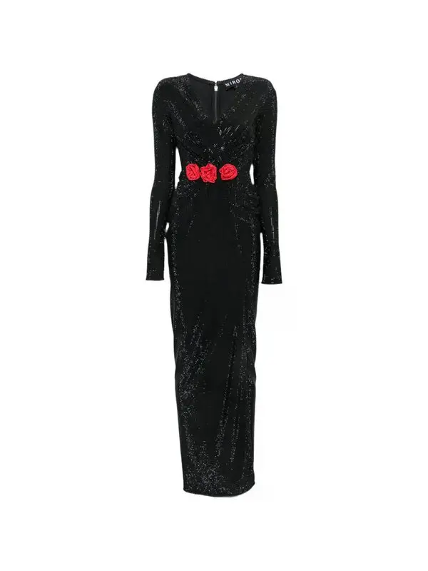 MIRON V-neck Maxi Dress With Floral Appliqu - Black