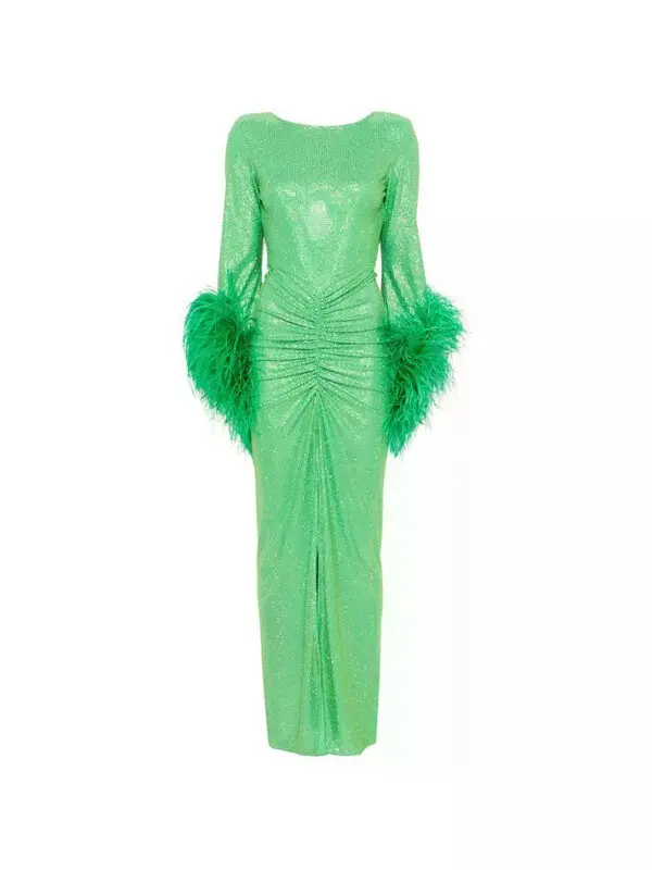 MIRON Crystal-embellished Feather-trim Maxi Dress - Green