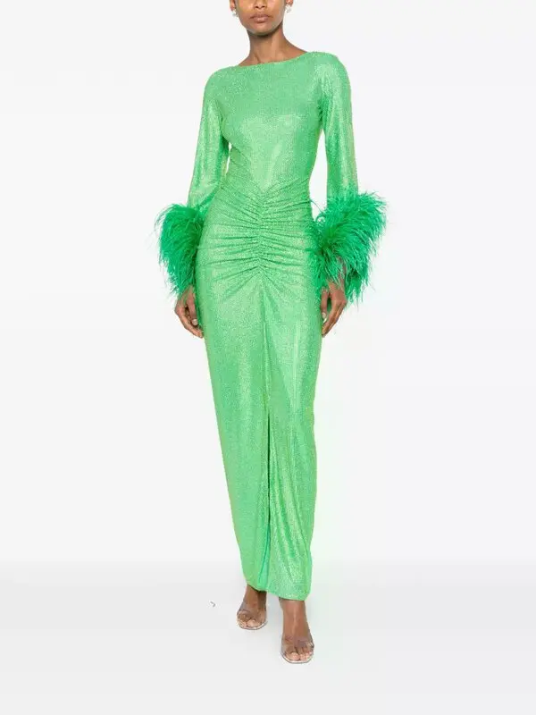MIRON Crystal-embellished Feather-trim Maxi Dress