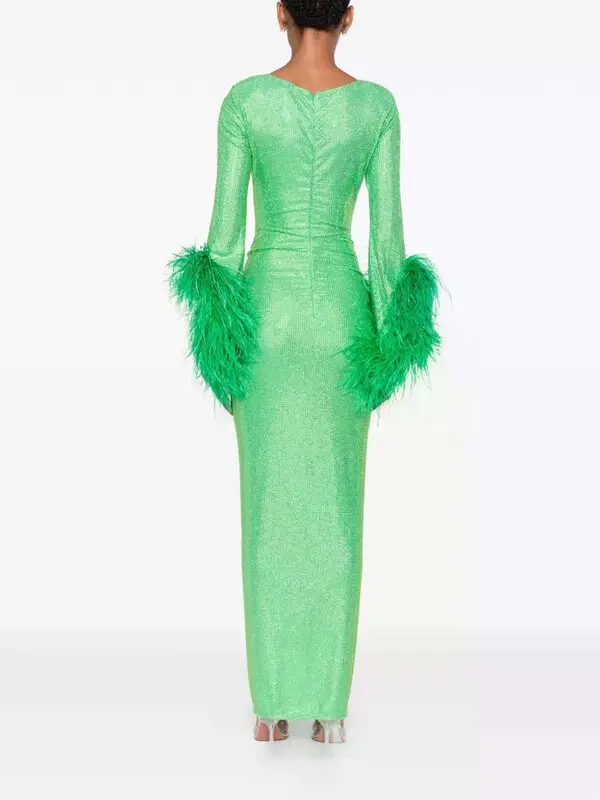 MIRON Crystal-embellished Feather-trim Maxi Dress
