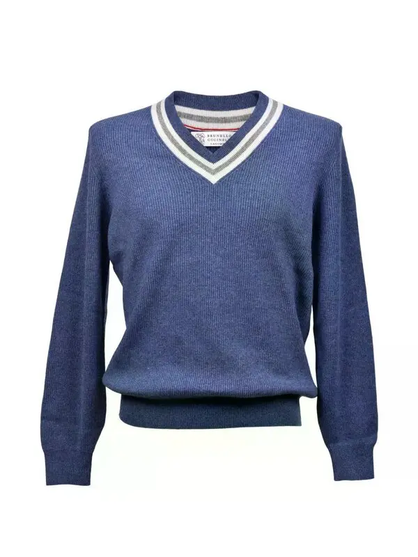 Brunello Cucinelli Ribbed V-neck Sweater With Striped Trim