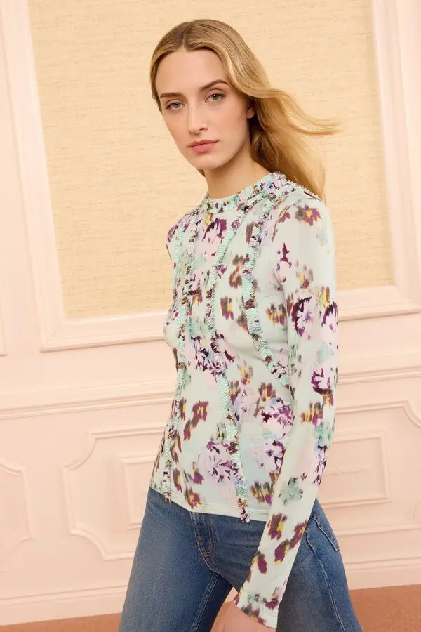 Ulla Johnson Clover Floral Print Ruffle Long Sleeve Top - Oasis