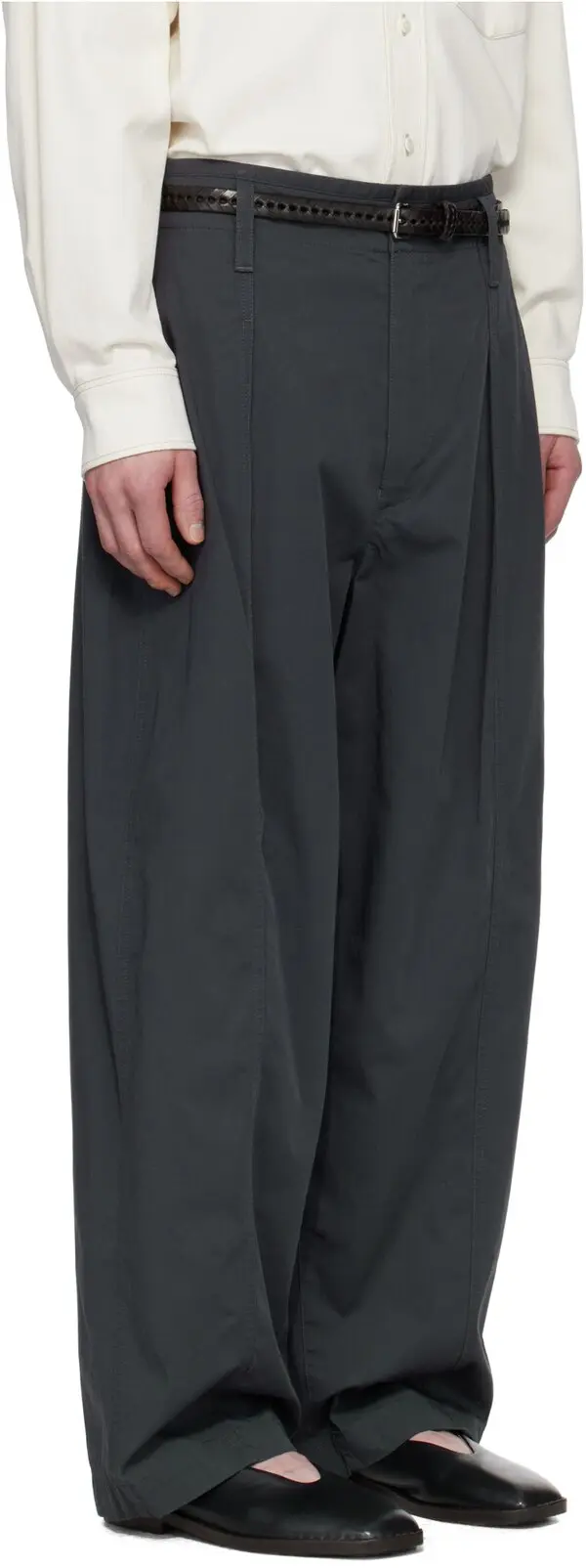LEMAIRE Pleated Wide Leg Chino Trousers - Charcoal
