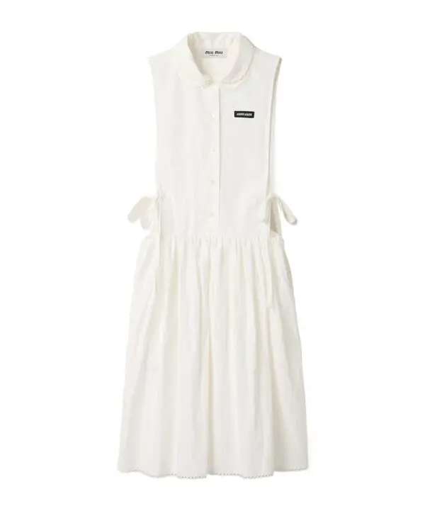 Miu Miu Sleeveless Collared Logo Poplin Dress - White