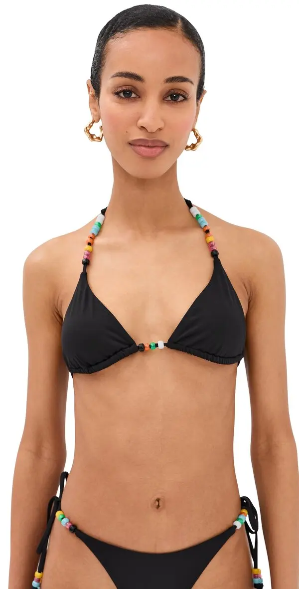 Staud Lido Triangle Bikini Top With Beaded Straps - Black