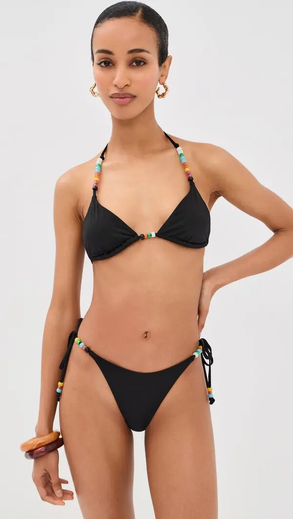 Staud Sisley Side Tie Bikini Bottoms With Embellished Ties - Black