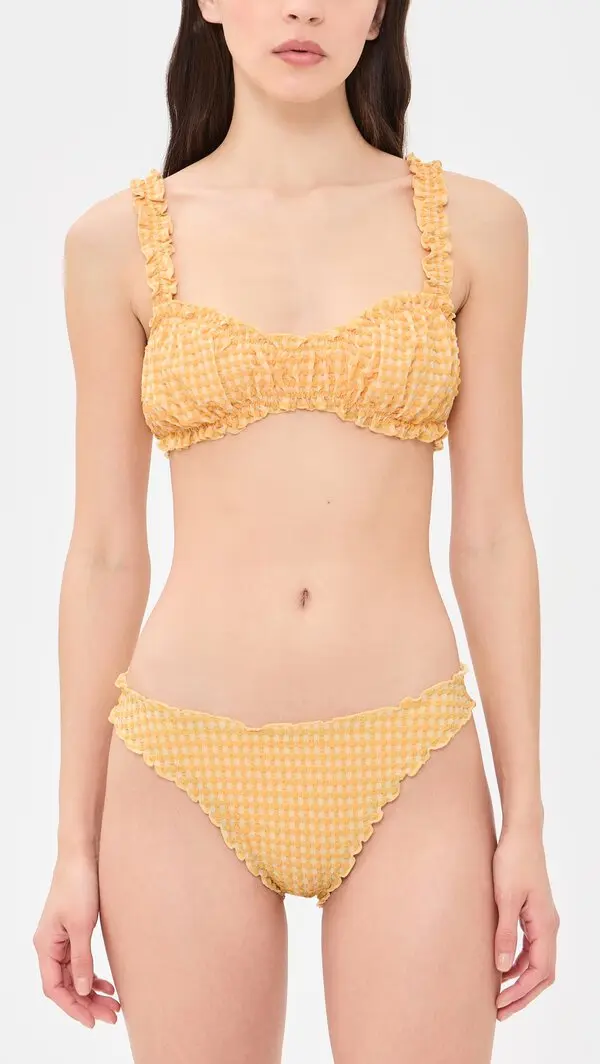 Simkhai Maelie Seersucker Ruched Bikini Bottoms - Mango Multi