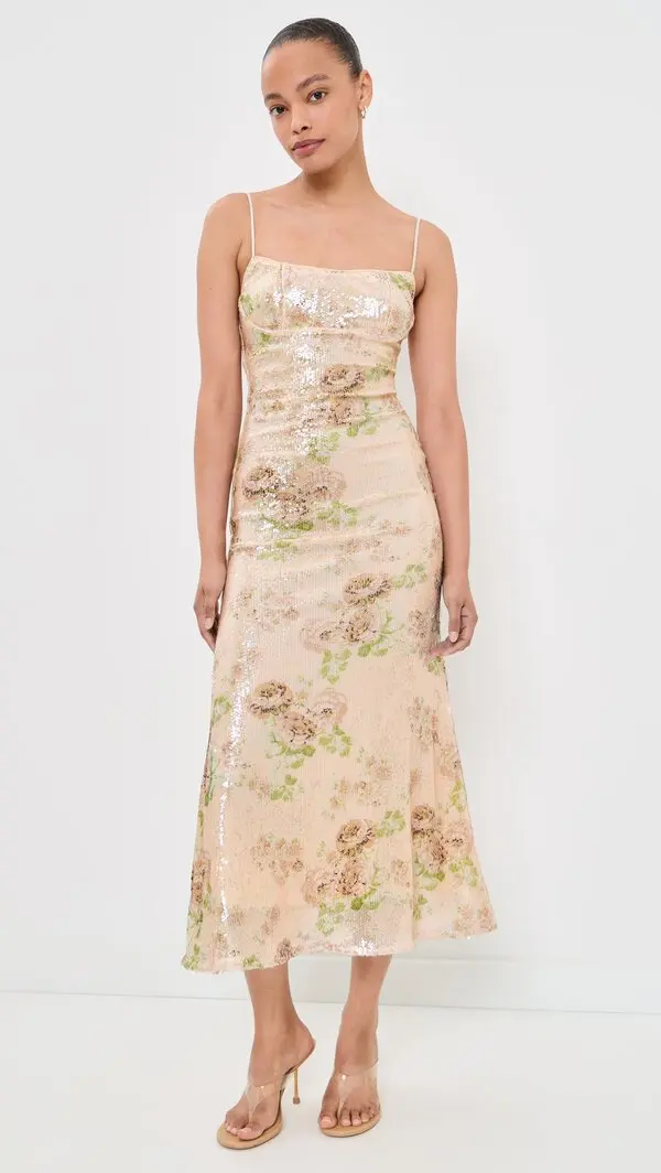 Bardot Adoni Sequin Mesh Midi Dress - Beige Fl