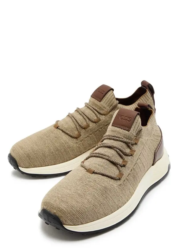 TOD'S Calzino Knit Lace-up Sneakers With Leather Accents - Tan