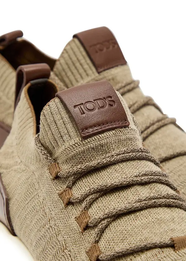 TOD'S Calzino Knit Lace-up Sneakers With Leather Accents - Tan