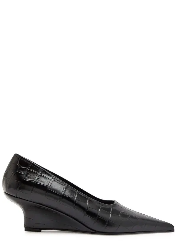 TOTEME Crocodile-effect Leather Wedge Pumps - Black
