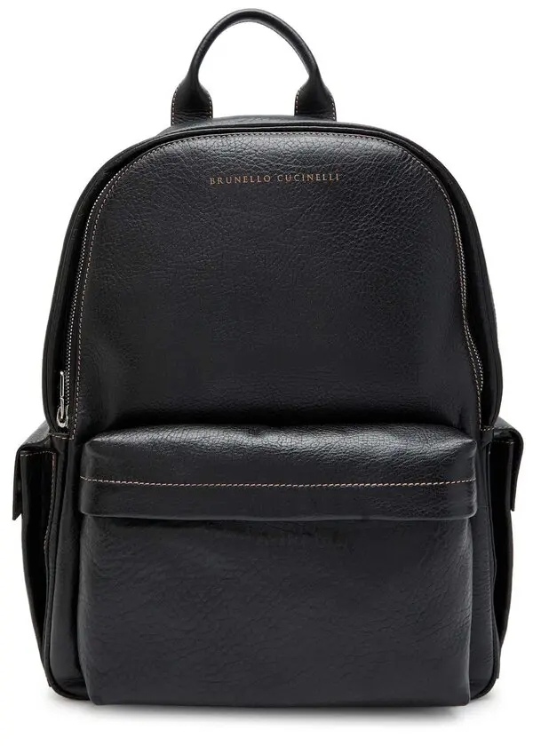 Brunello Cucinelli Grained Leather Backpack With Top Handle And Adjustable Shoulder Straps - Black