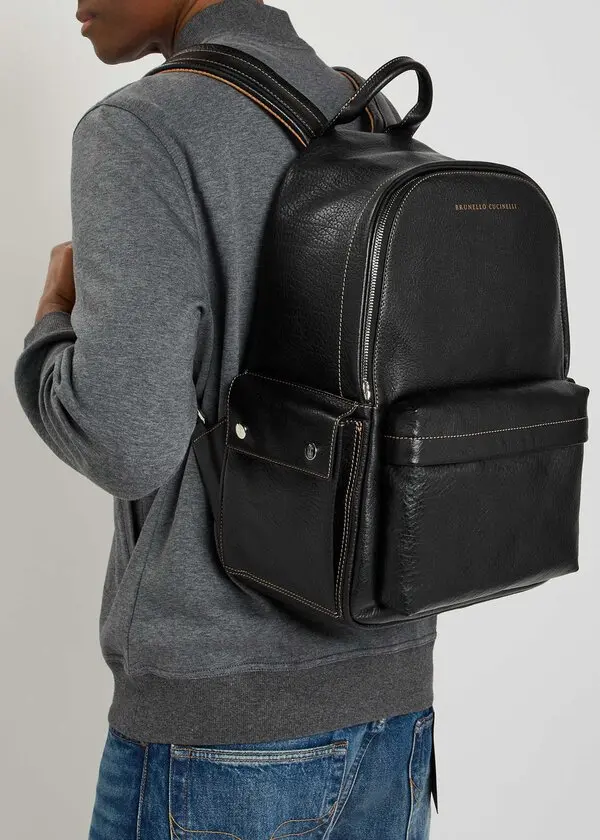 Brunello Cucinelli Grained Leather Backpack With Top Handle And Adjustable Shoulder Straps