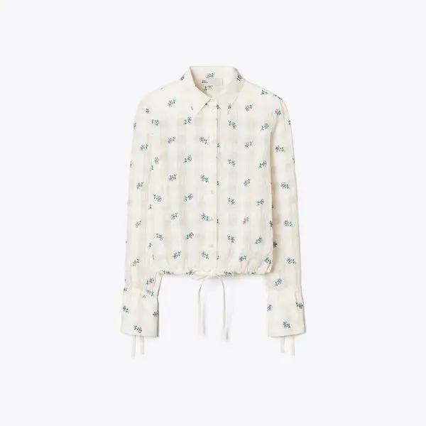 Tory Burch Embroidered Linen Blend Blouse - Ivory Embroidered Gingham