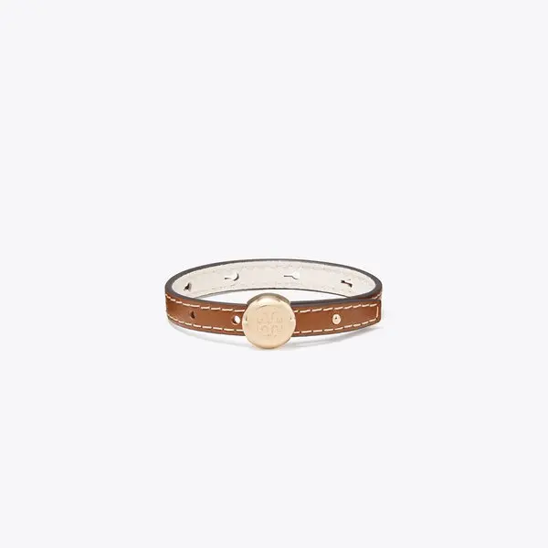 Tory Burch Icon Leather Bracelet With Logo Detail - Light Brass/aged Tan