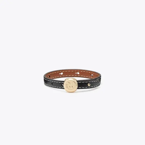 Tory Burch Icon Leather Bracelet With Logo Detail - Light Brass/black