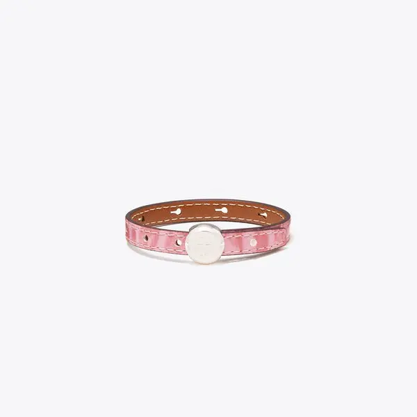 Tory Burch Icon Leather Bracelet With Logo Detail - Light Silver/rose Sunset