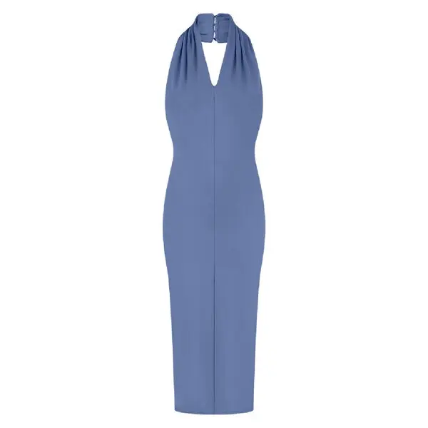 CELESTINE & MAE Halterneck Wrap Midi Dress With Pleated Crossover Neckline And Button Detail