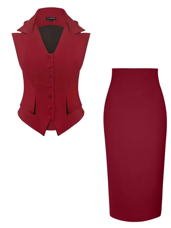 TIA DORRAINE Single-breasted Waistcoat And Pencil Skirt Set - Red