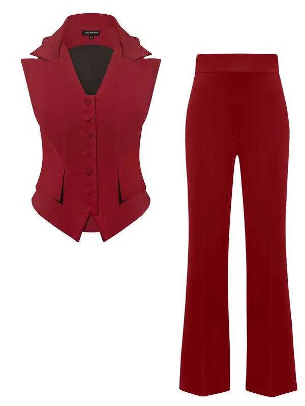 TIA DORRAINE Single-breasted Waistcoat And Flared Trousers Set - Red
