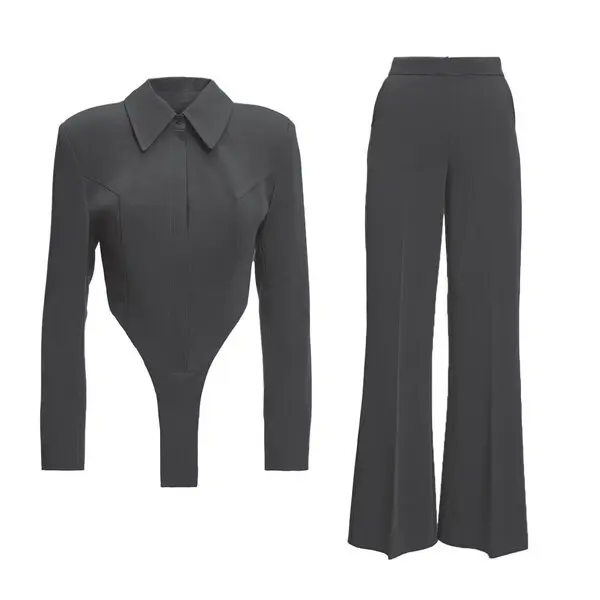 BLUZAT Body Shirt And Straight Trousers Set - Black