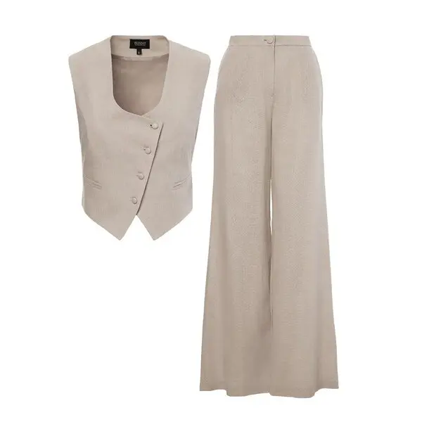 BLUZAT Linen Suit With Cut-out Vest And Straight-cut Trousers - Beige