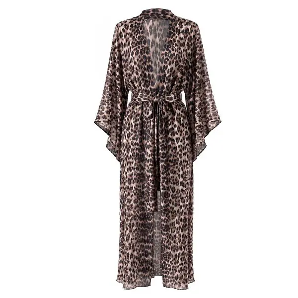 Loveist Store Leopard Print Silky Satin Kimono - Brown