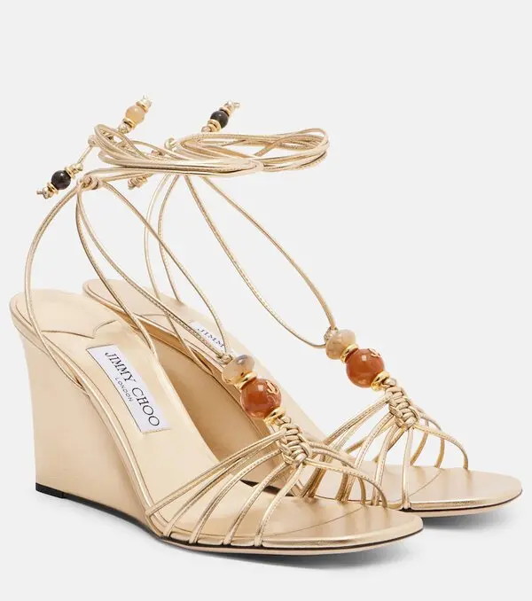 JIMMY CHOO Embellished Leather Wedge Sandals - Gold