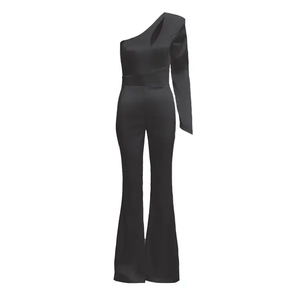 BLUZAT One-shoulder Jumpsuit With Cut-out Detail And Wide Leg - Black