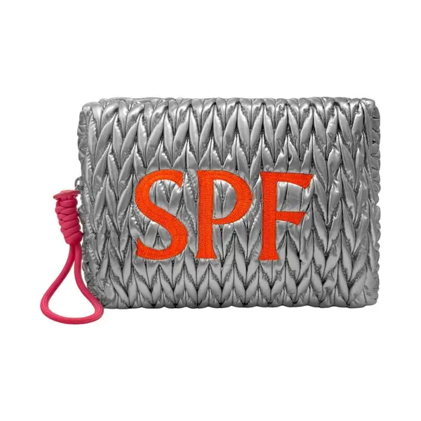 LILLY LOVES Puffy Quilted Cosmetic Bag With Embroidered Monogram - Silver
