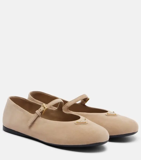Prada Suede Mary Jane Flats - Beige
