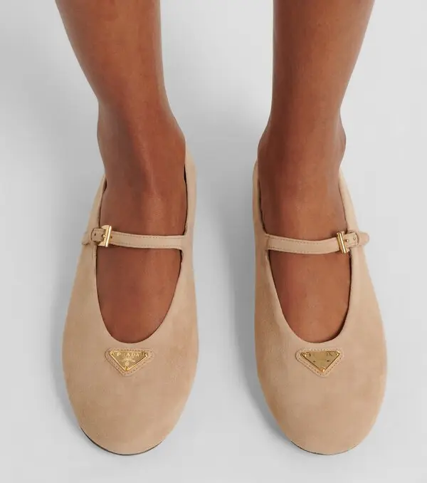 Prada Suede Mary Jane Flats - Beige